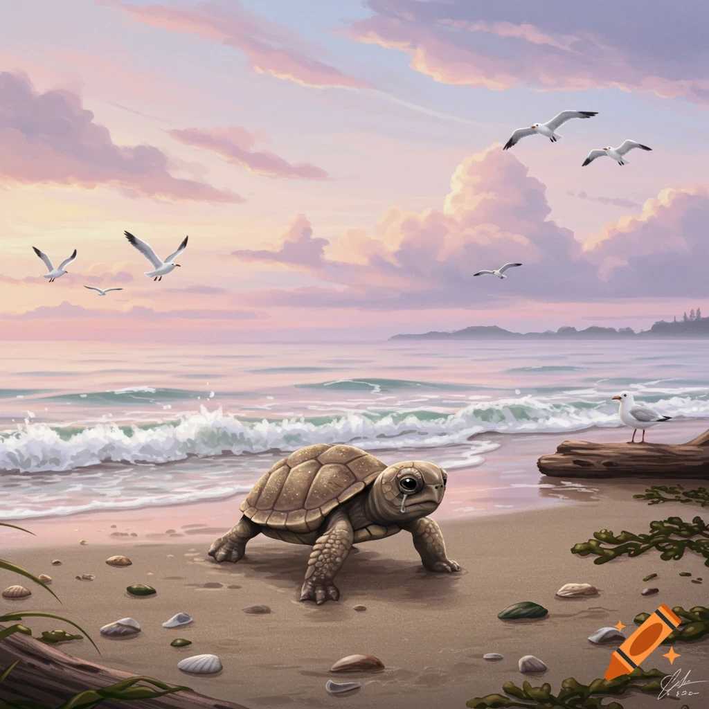 A sad baby turtle with a tear under its eye walks on a sandy beach at ...