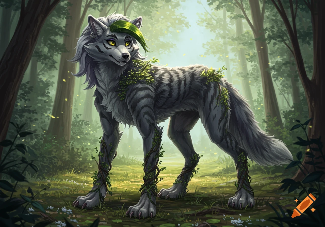 A detailed illustration of a gray wolf-like creature with green hair ...