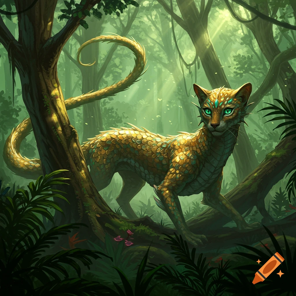 A majestic golden-scaled feline creature with bright green eyes and a ...