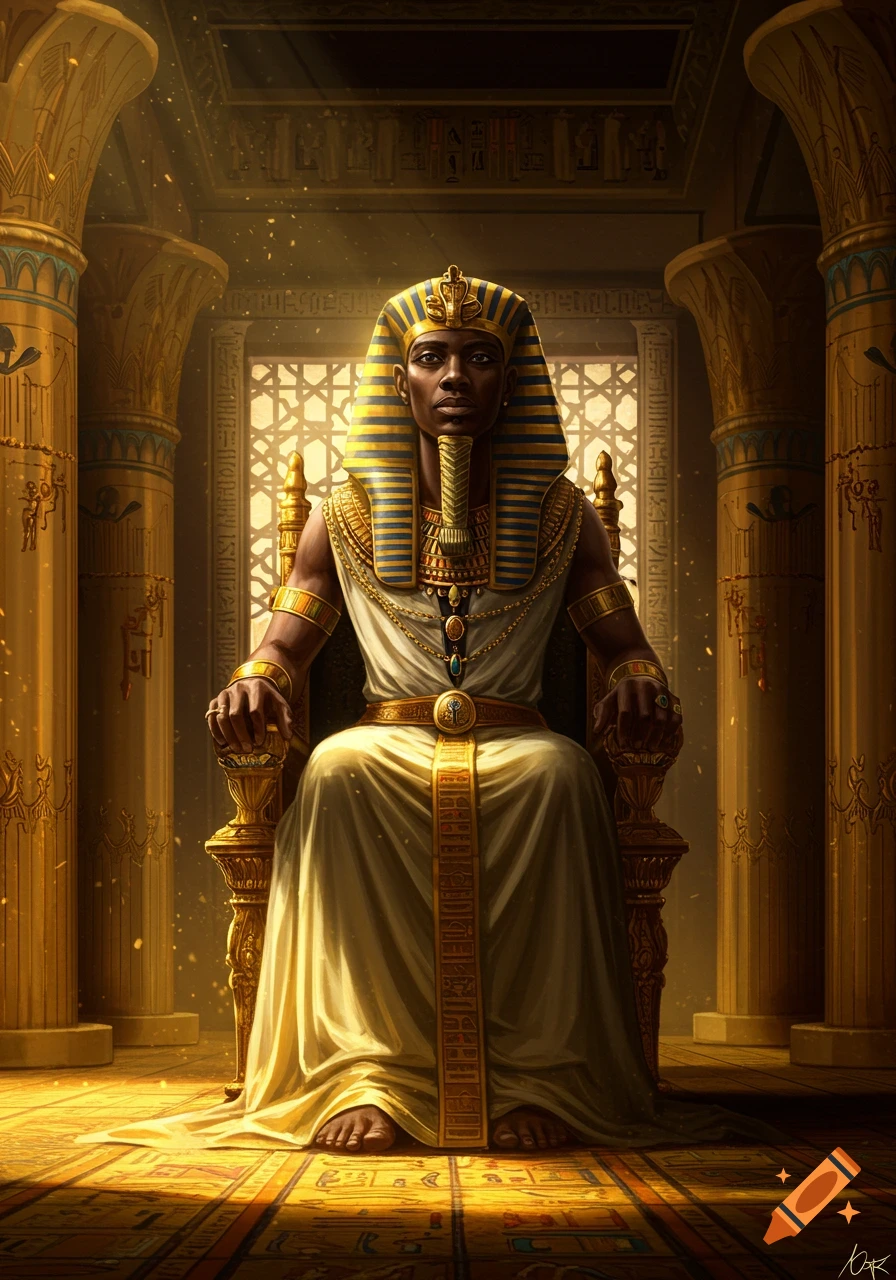 A Black pharaoh sits on a golden throne in a lavish Egyptian hall ...