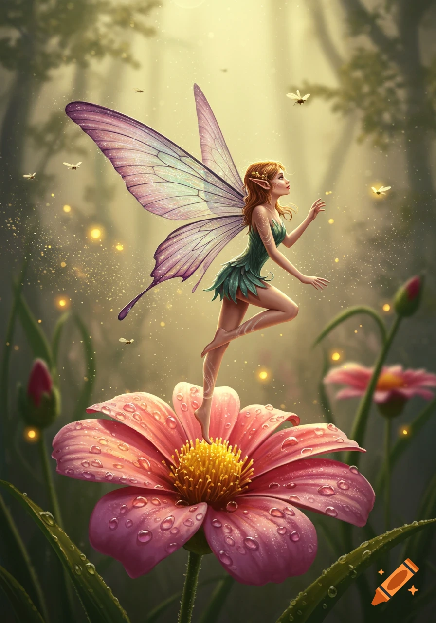 A red-haired fairy with purple wings stands delicately on a dew-covered ...