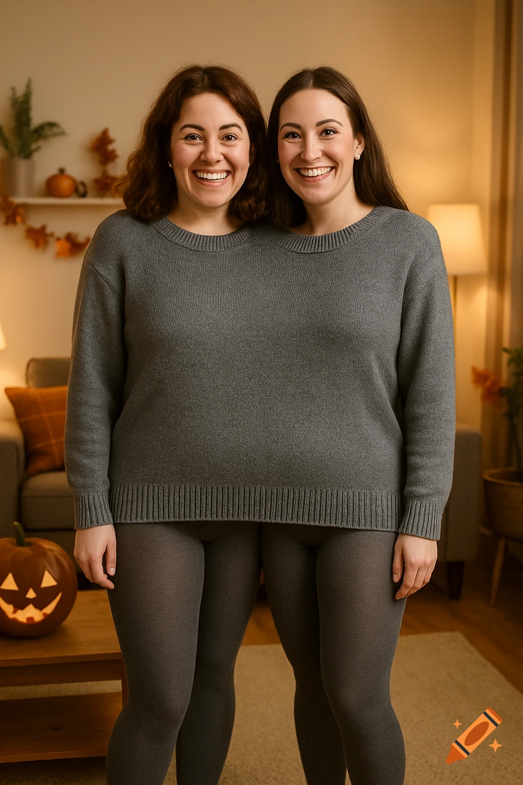 Two women in a conjoined Halloween costume, sharing a large gray ...