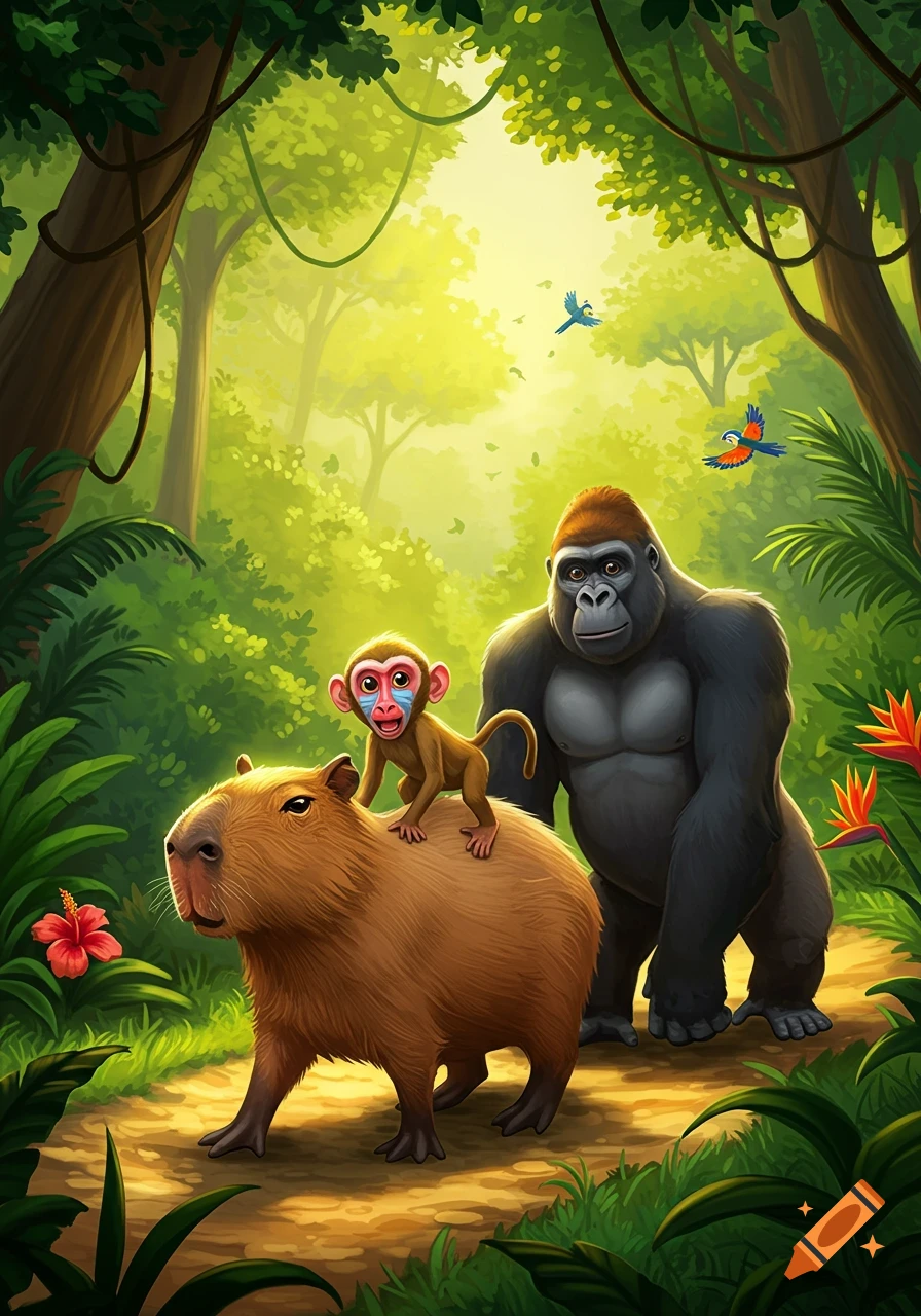 A vibrant cartoon illustration of a gorilla, a capybara, and a baby ...