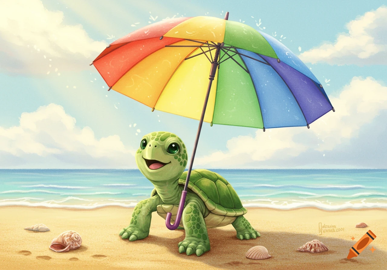 A cute, happy baby turtle stands on a sandy beach, holding a vibrant ...