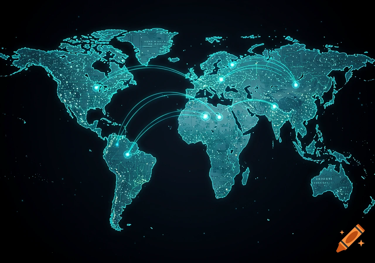 A digital, glowing teal world map shows interconnected network lines ...