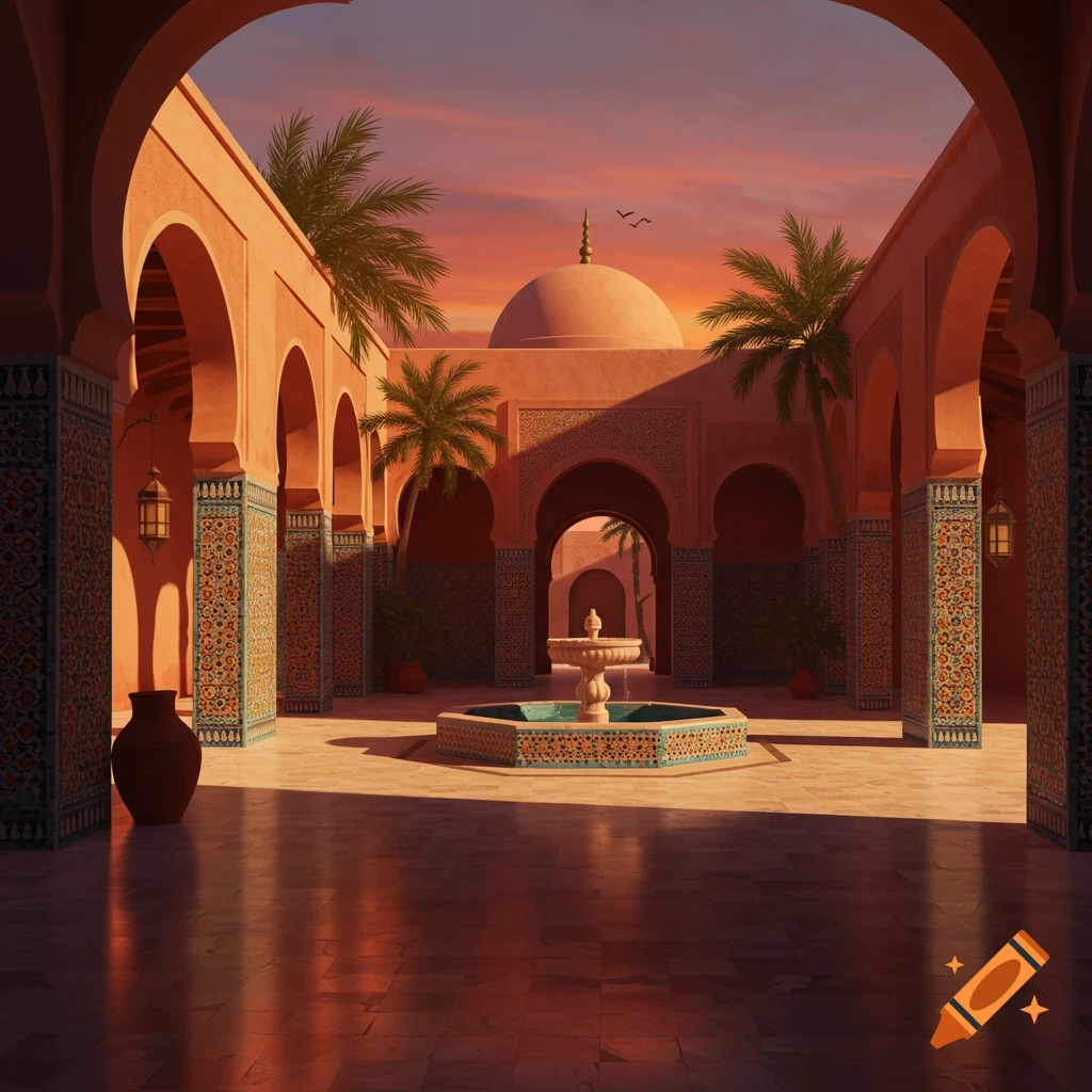 A detailed African palace at sunset, featuring traditional architecture ...