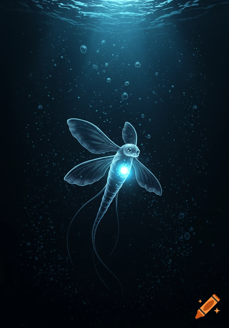 An ethereal, transparent blue clione-like creature with a glowing chest ...