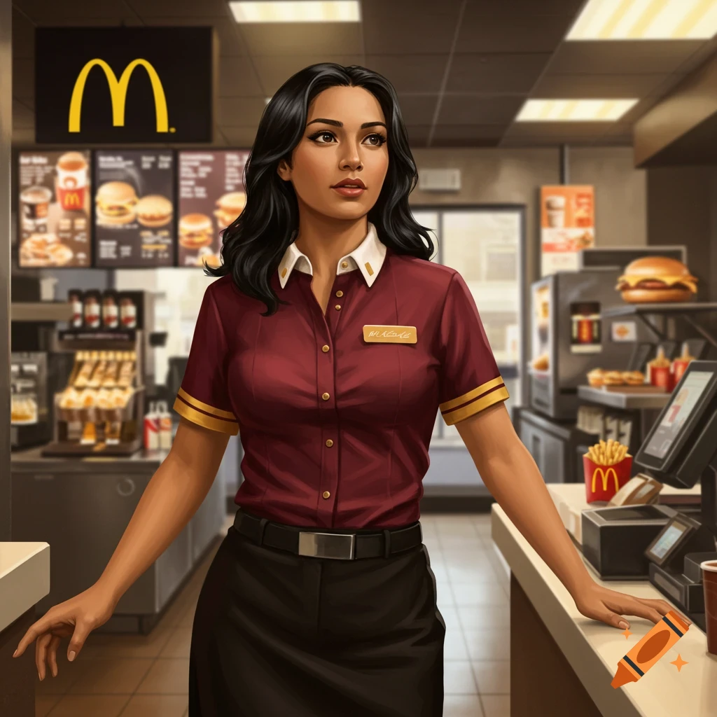 An illustrated portrait of a woman with dark hair in a red McDonald's ...