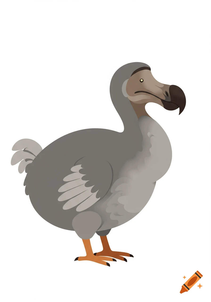 A cartoon illustration of a grey dodo bird with an orange beak and feet ...