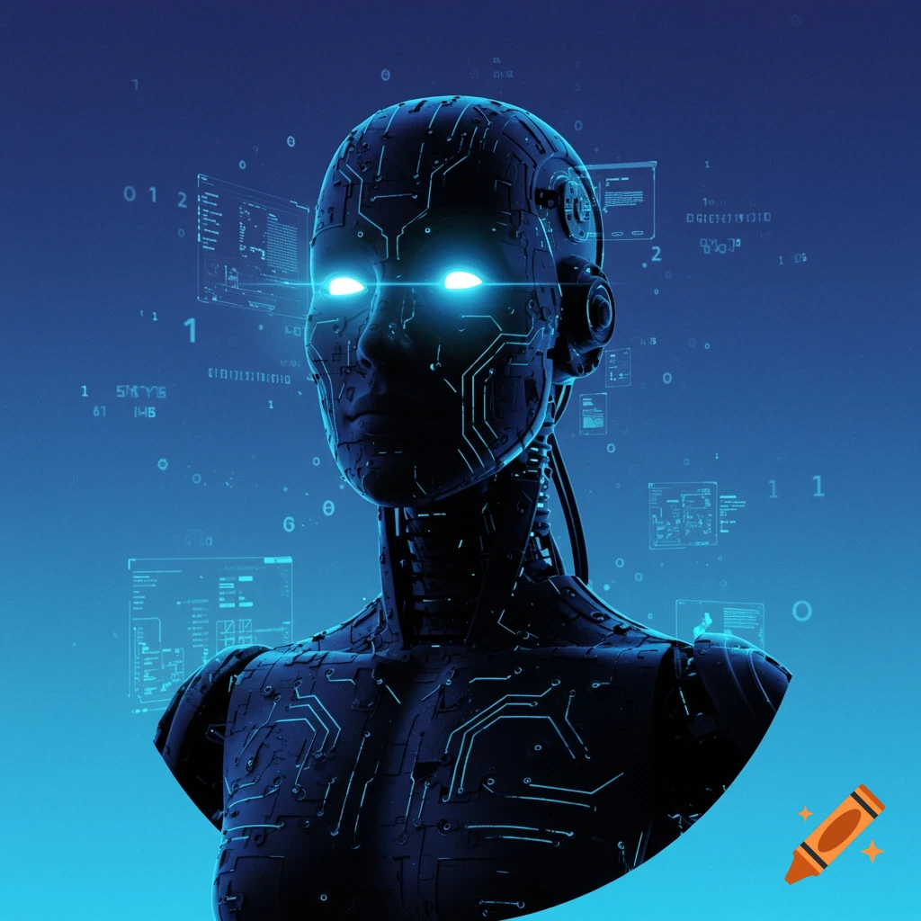 Dark, futuristic robot bust with glowing blue eyes and circuit patterns ...