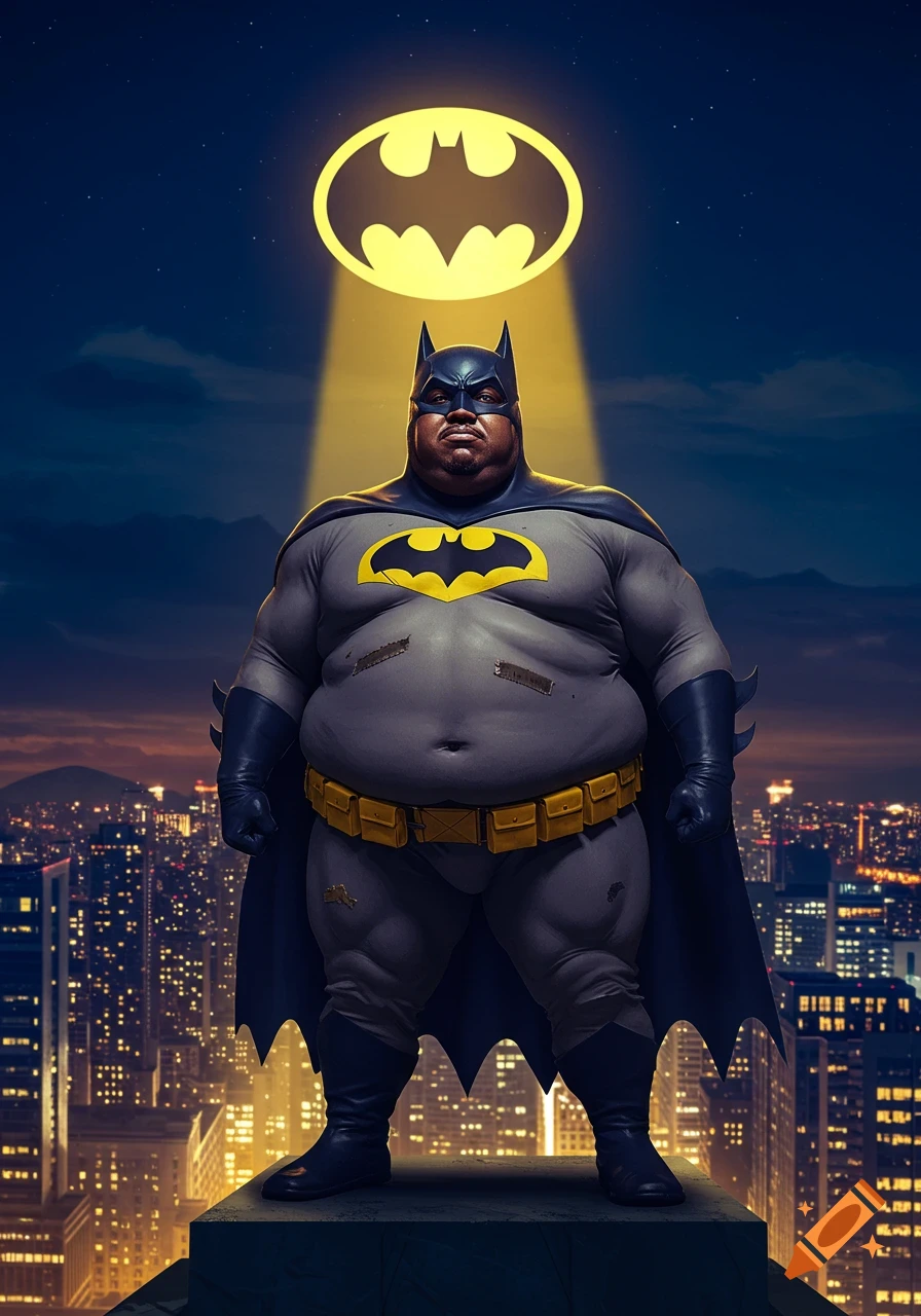 A chubby man in a gray and black Batman costume stands on a skyscraper ...