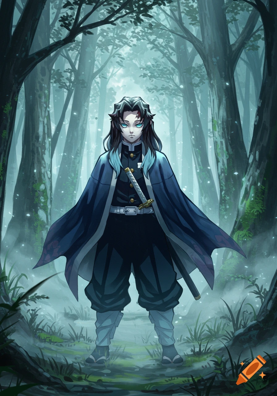 A black-haired anime character, Muichiro, walks through a misty, green ...