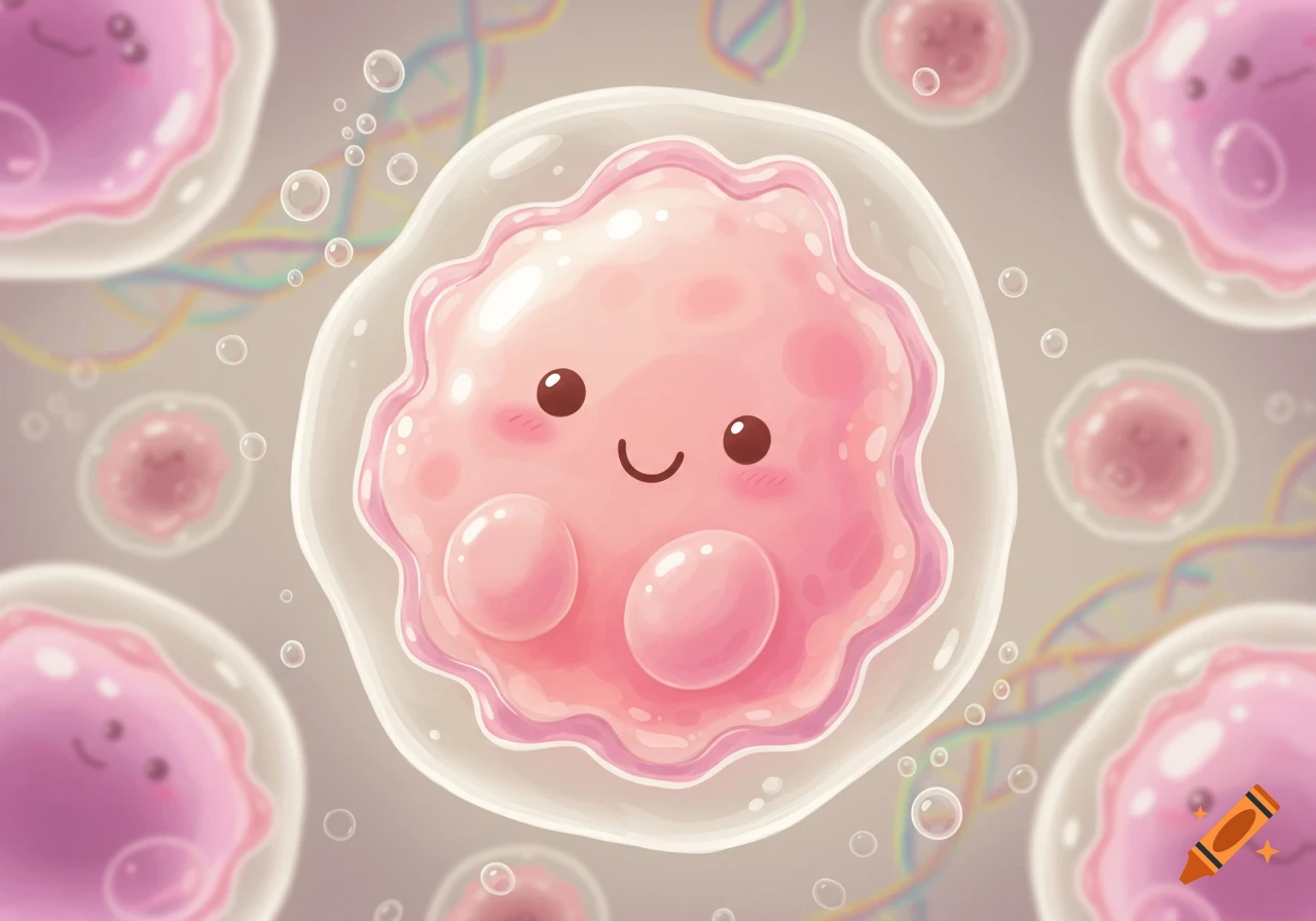 A cute, pink, cartoon-style cell with a happy face, surrounded by ...