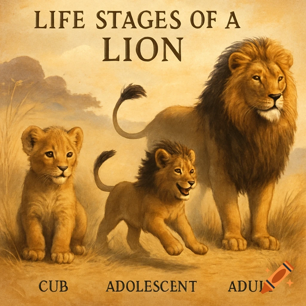 An illustrated chart depicting the life stages of a lion: a cub, an ...