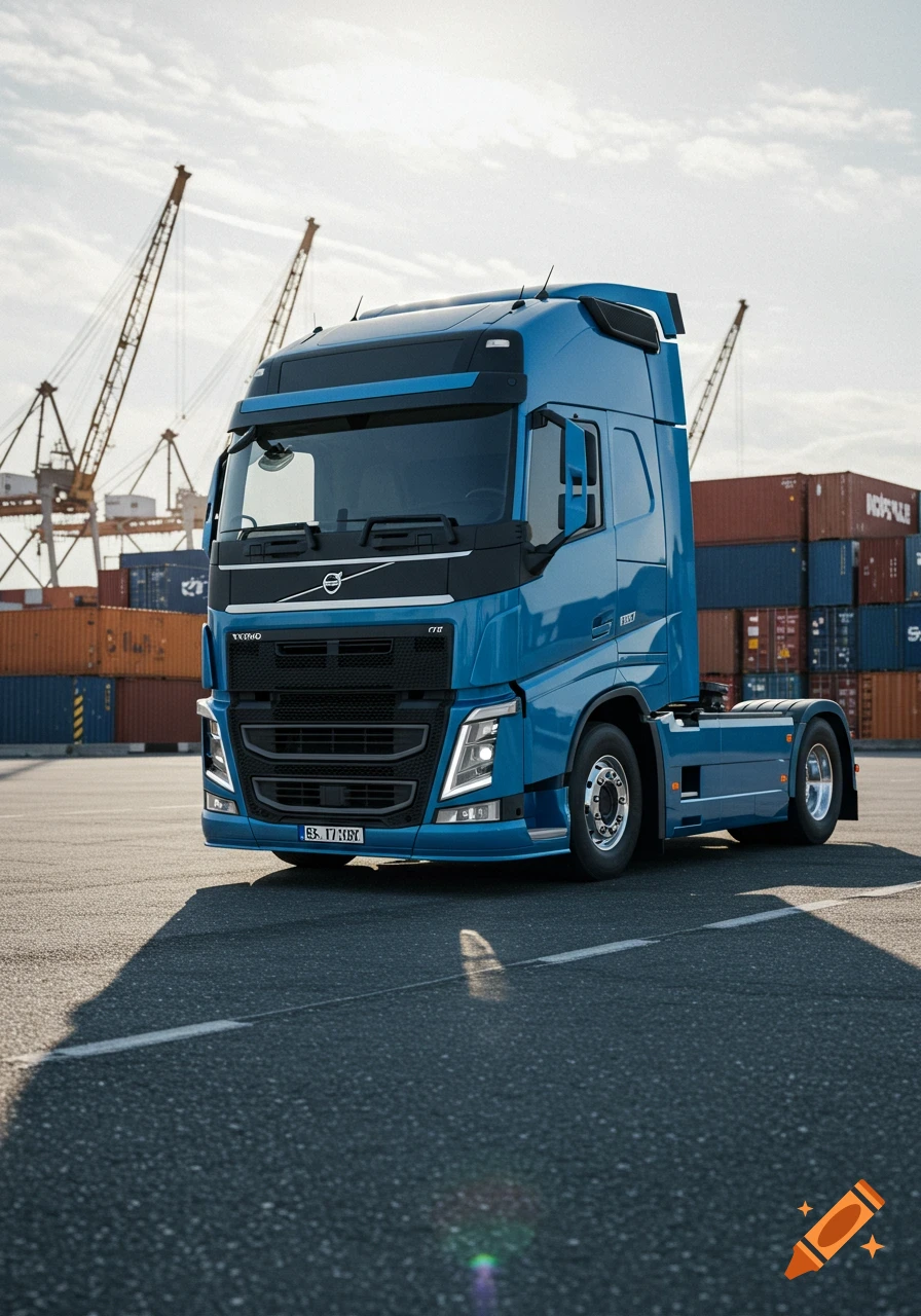 A photorealistic image of a blue Volvo truck parked in a port area with ...