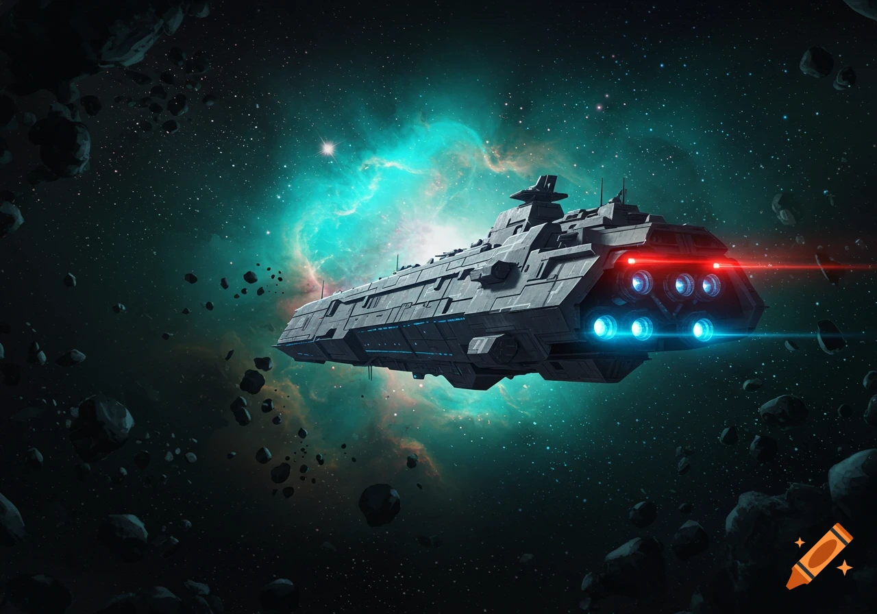 Photorealistic gray and blue heavily armored spaceship with glowing ...