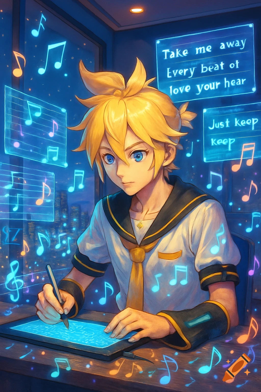 Anime boy Kagamine Len with blonde hair and blue eyes sits in a library ...