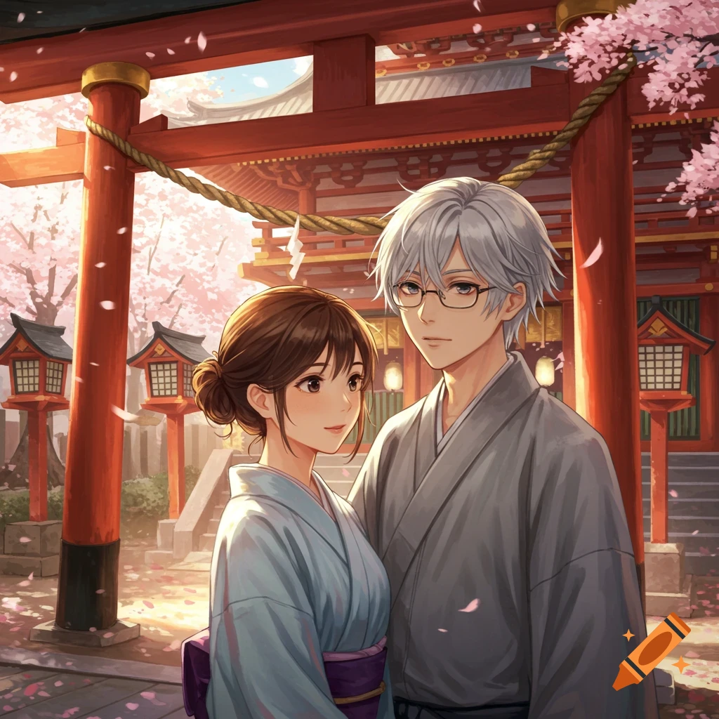 Anime couple in a Japanese garden with a red torii gate, koi pond, and ...