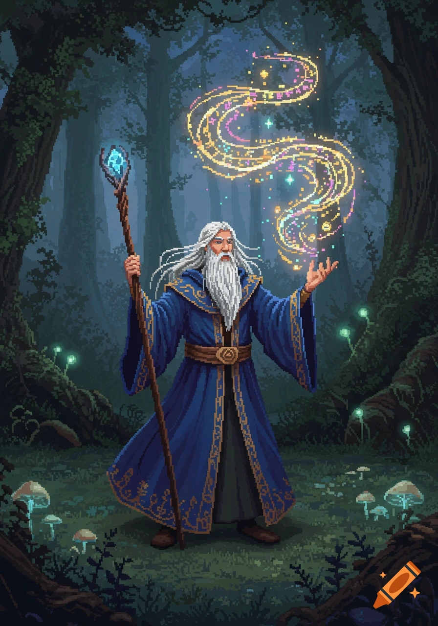An illustrative cartoon of an old wizard in a blue and gold robe ...