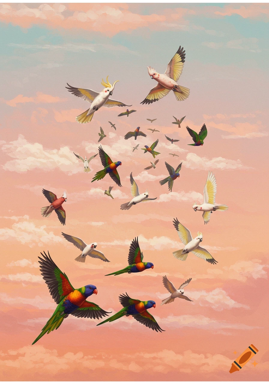 A flock of colorful Australian birds, including cockatoos and lorikeets ...