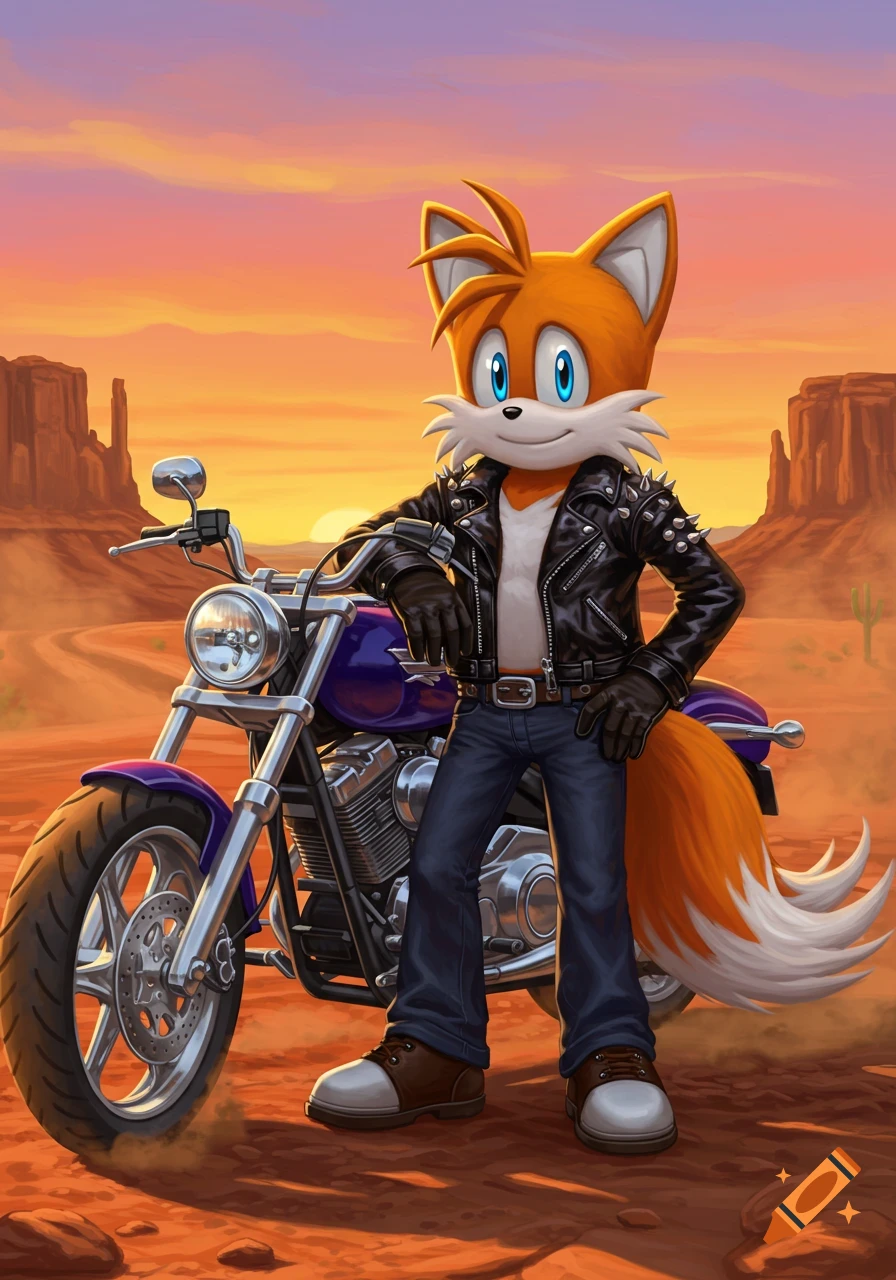 Tails from Sonic the Hedgehog in a biker jacket and jeans, leaning on a ...