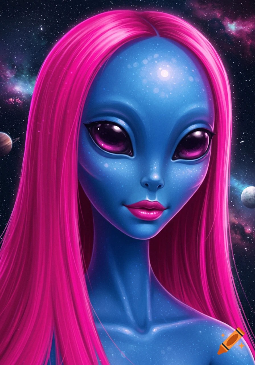 Stylized close-up portrait of a blue-skinned alien with large pink eyes ...
