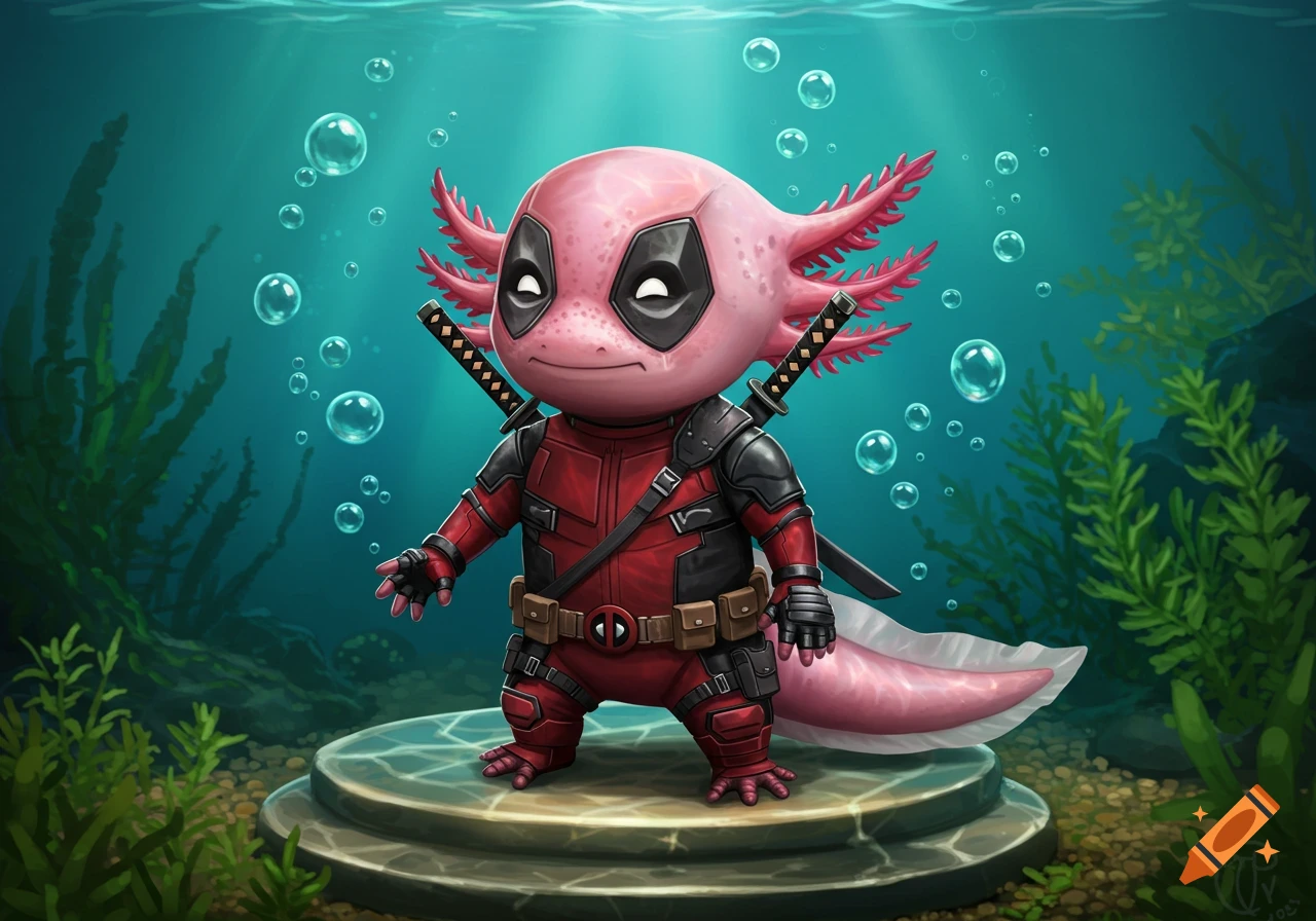 Cartoon pink axolotl dressed as Deadpool stands underwater on a stone ...