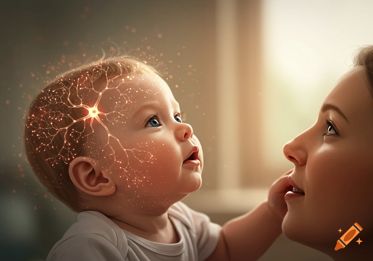 A baby with glowing brain synapses visible on its head looks up at a ...