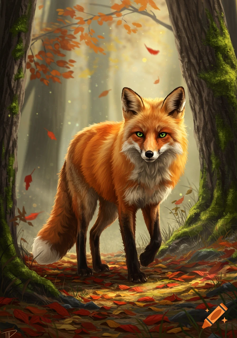 A vivid red fox with green eyes stands amidst fallen autumn leaves in a ...