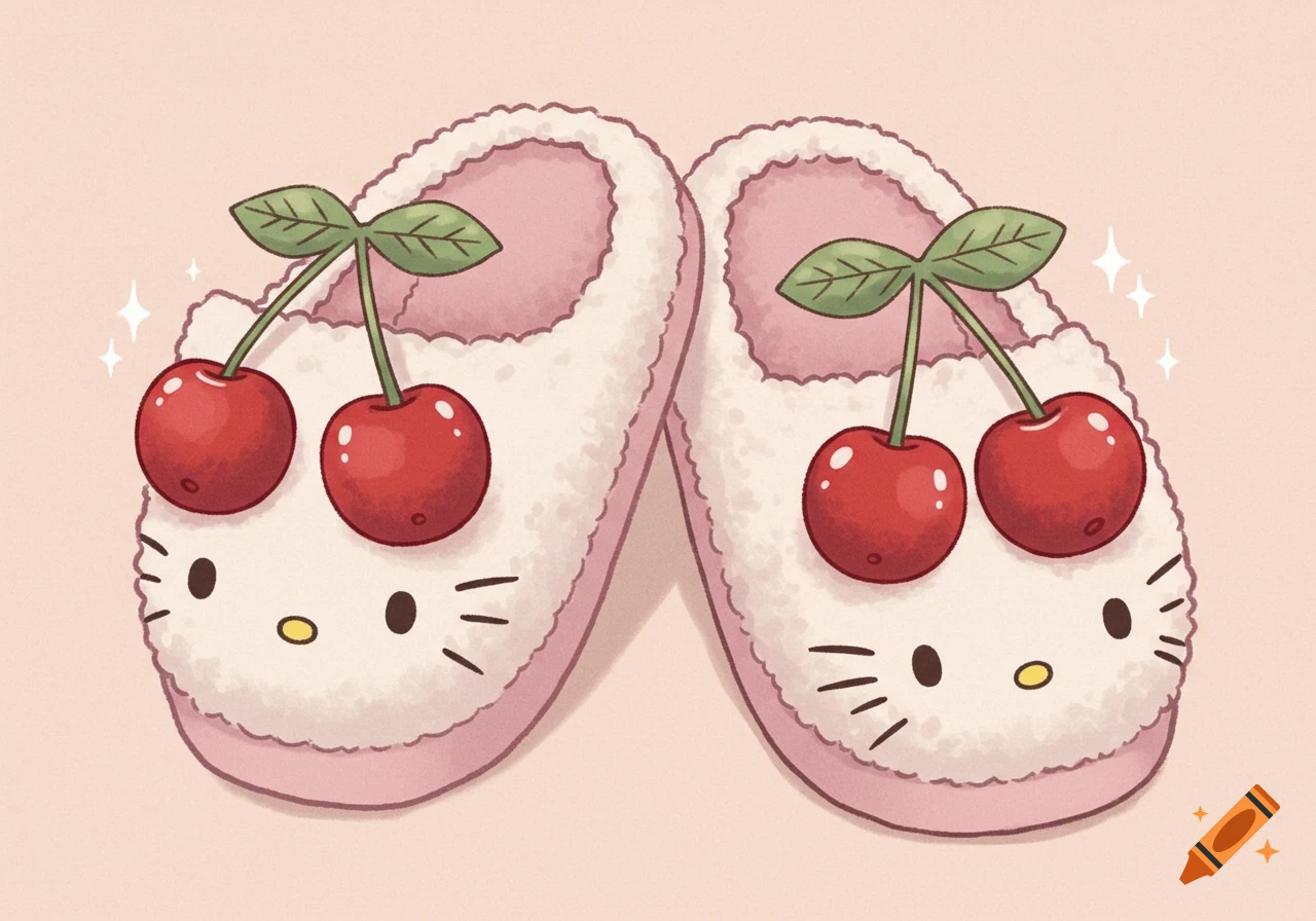 Two fluffy pink Hello Kitty slippers decorated with bright red cherries ...