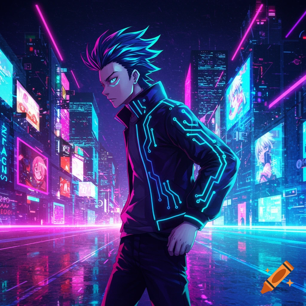 Anime character in a jacket with glowing circuit patterns stands in a ...