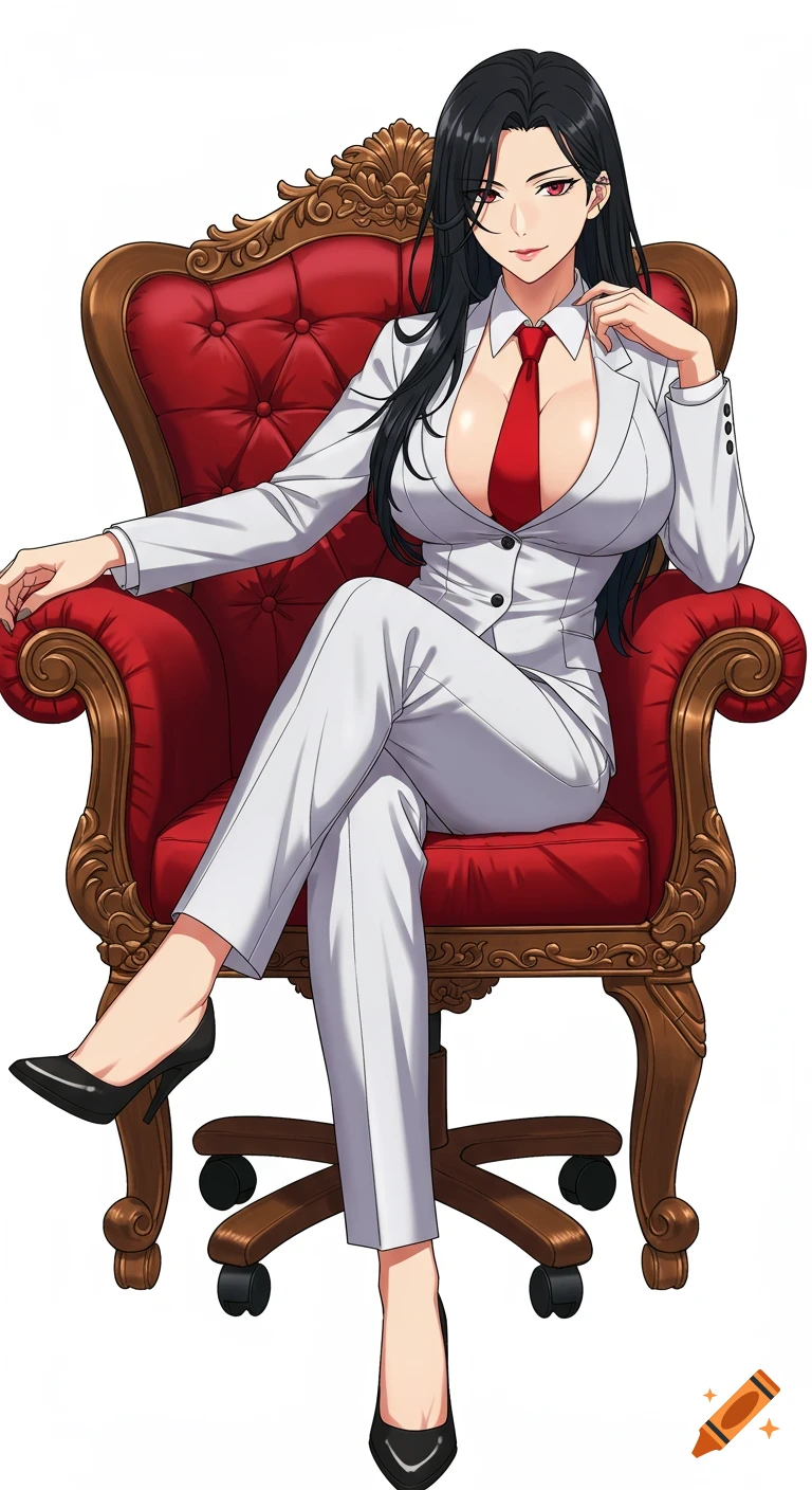 Anime-style businesswoman with long black hair and red eyes, wearing a ...