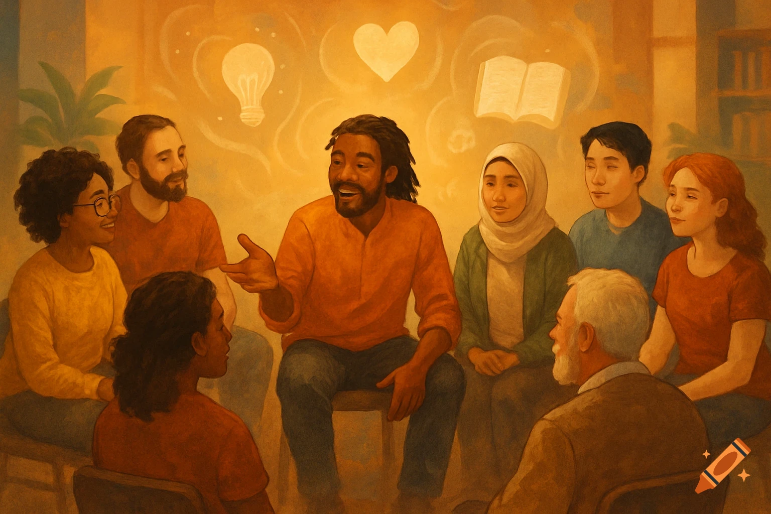 Illustrative painting of a diverse group of people in a discussion ...