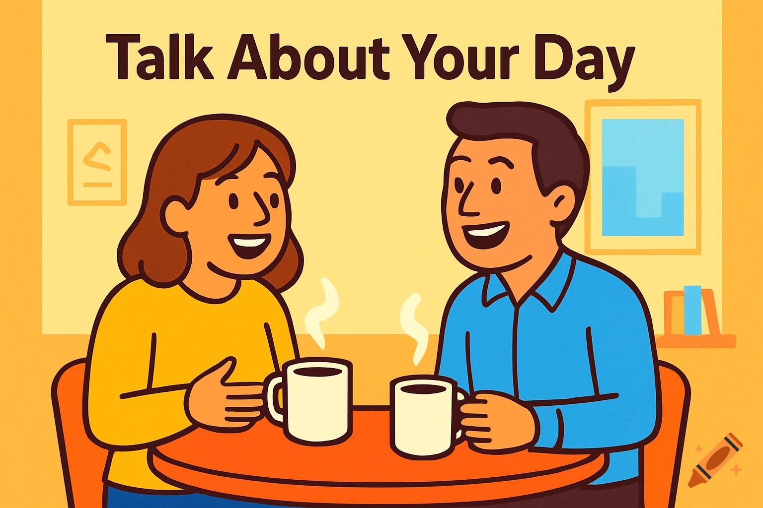 Flat vector illustration of a man and woman happily talking over coffee ...