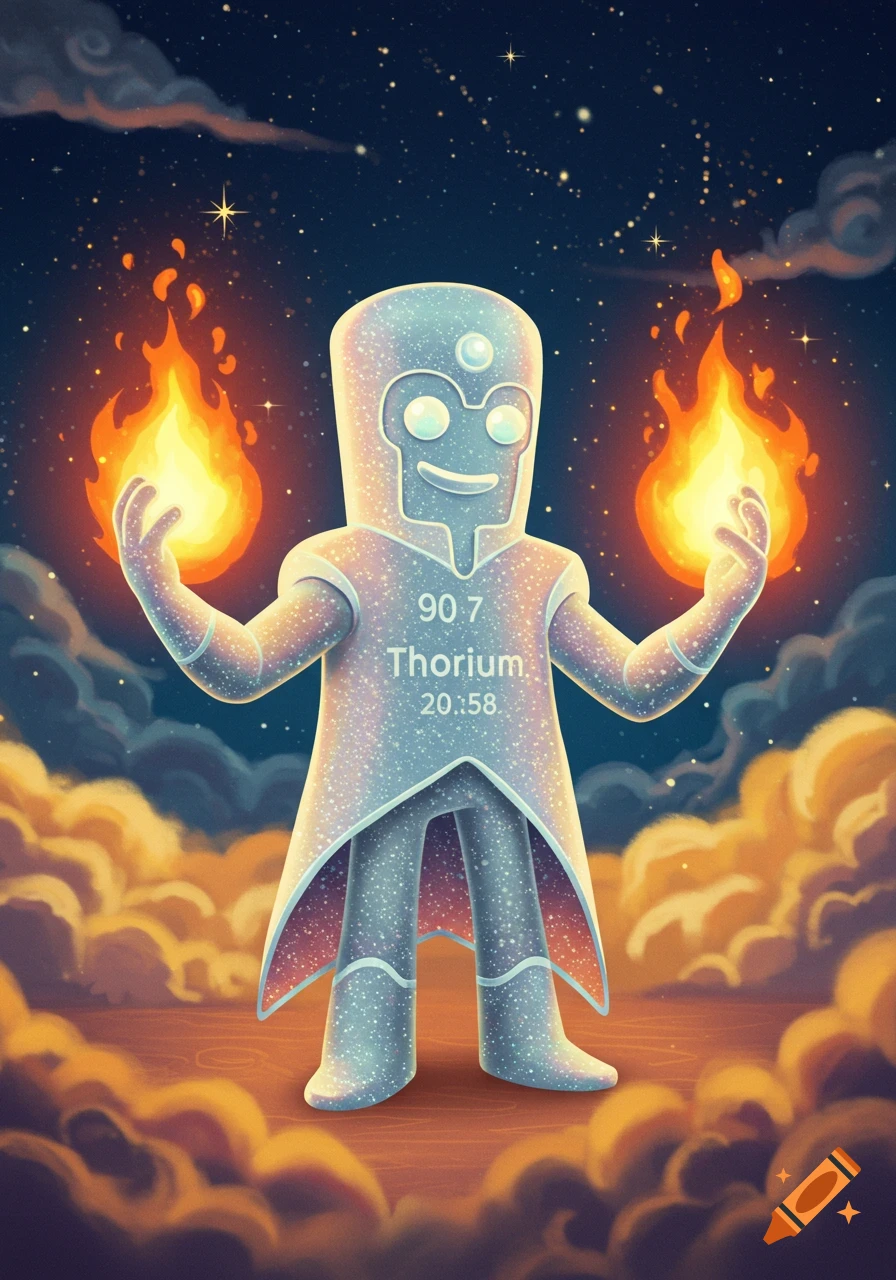 A glittery, silver elemental character named Thorium, with a smiling ...