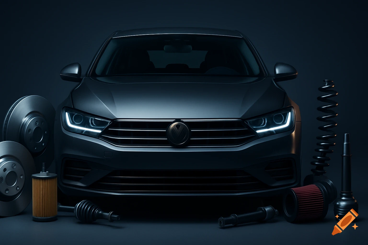 Photorealistic close-up of a jury-rigged car engine with an oversized ...