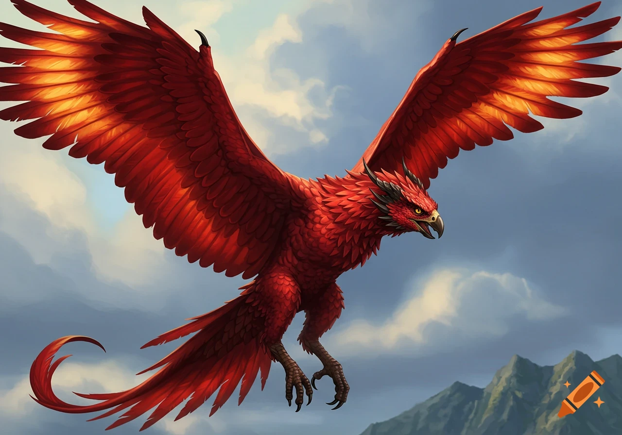 A majestic red and gold feathered phoenix-like creature with large ...