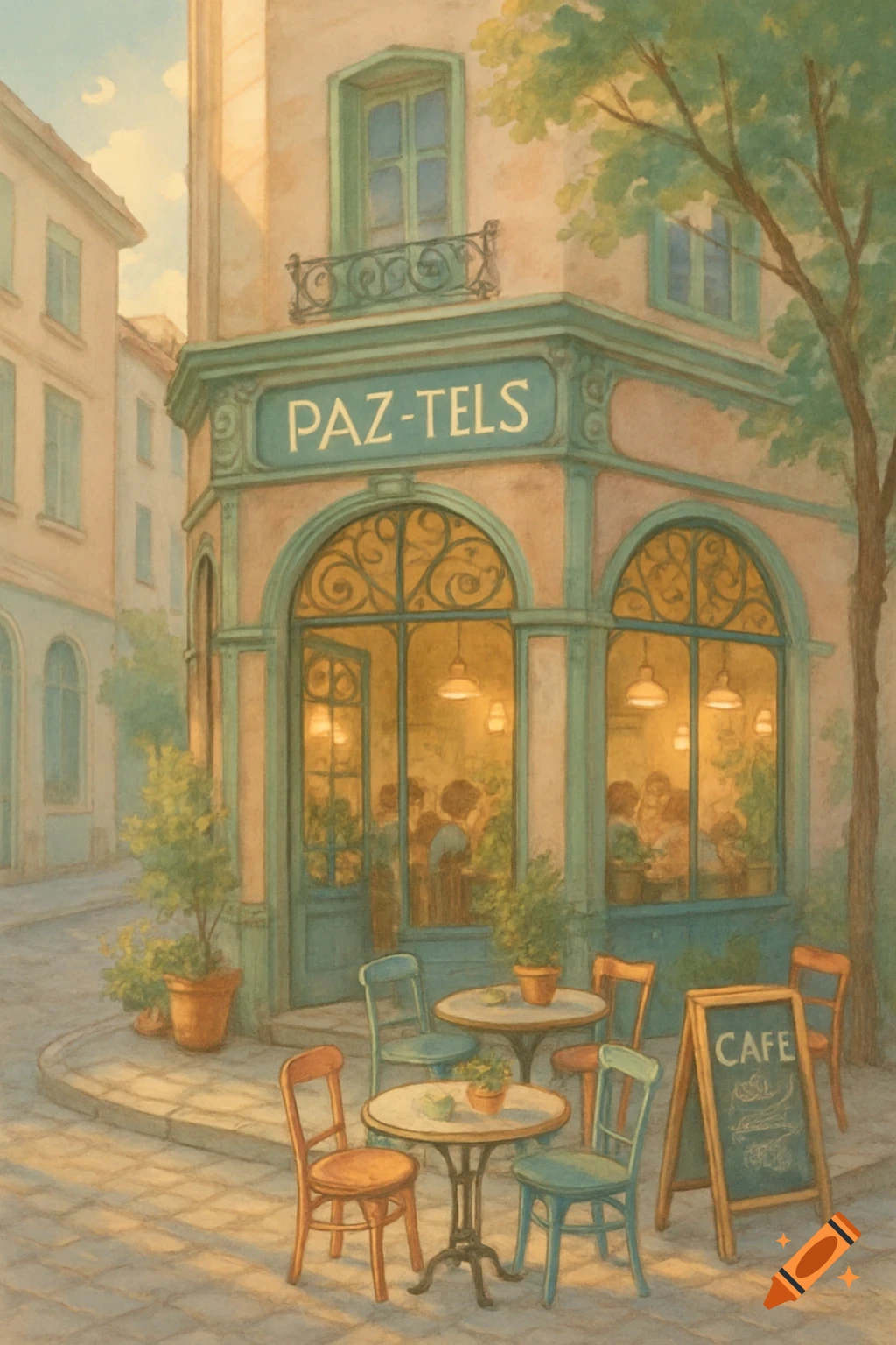 Watercolor painting of a charming cafe, 'PAZ-TELS', with outdoor ...
