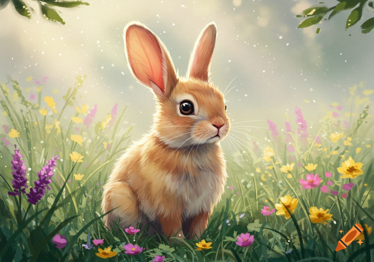 A colorful rabbit on the floor, formed by rainbow paint melting down a ...