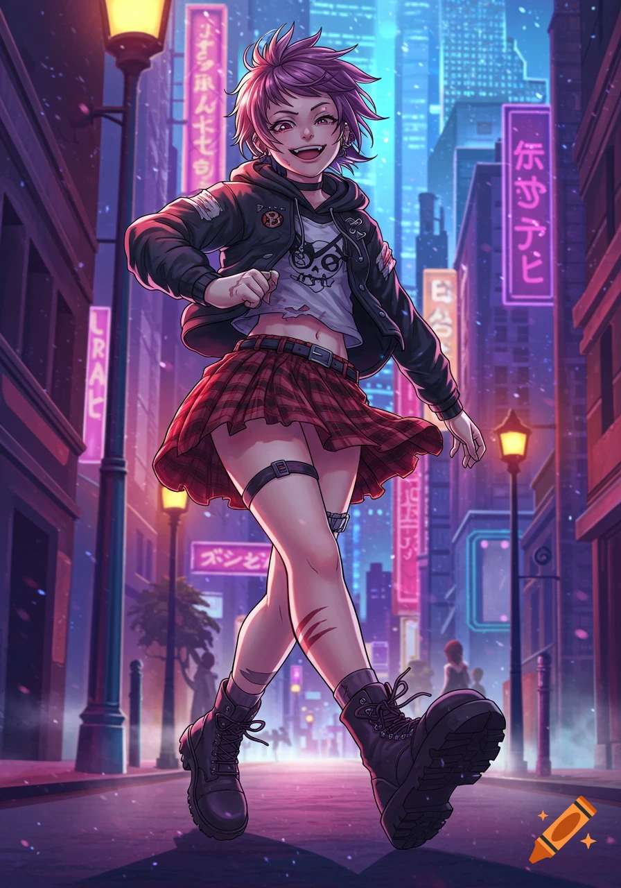 A purple-haired anime girl in a plaid skirt and jacket walks in a neon ...