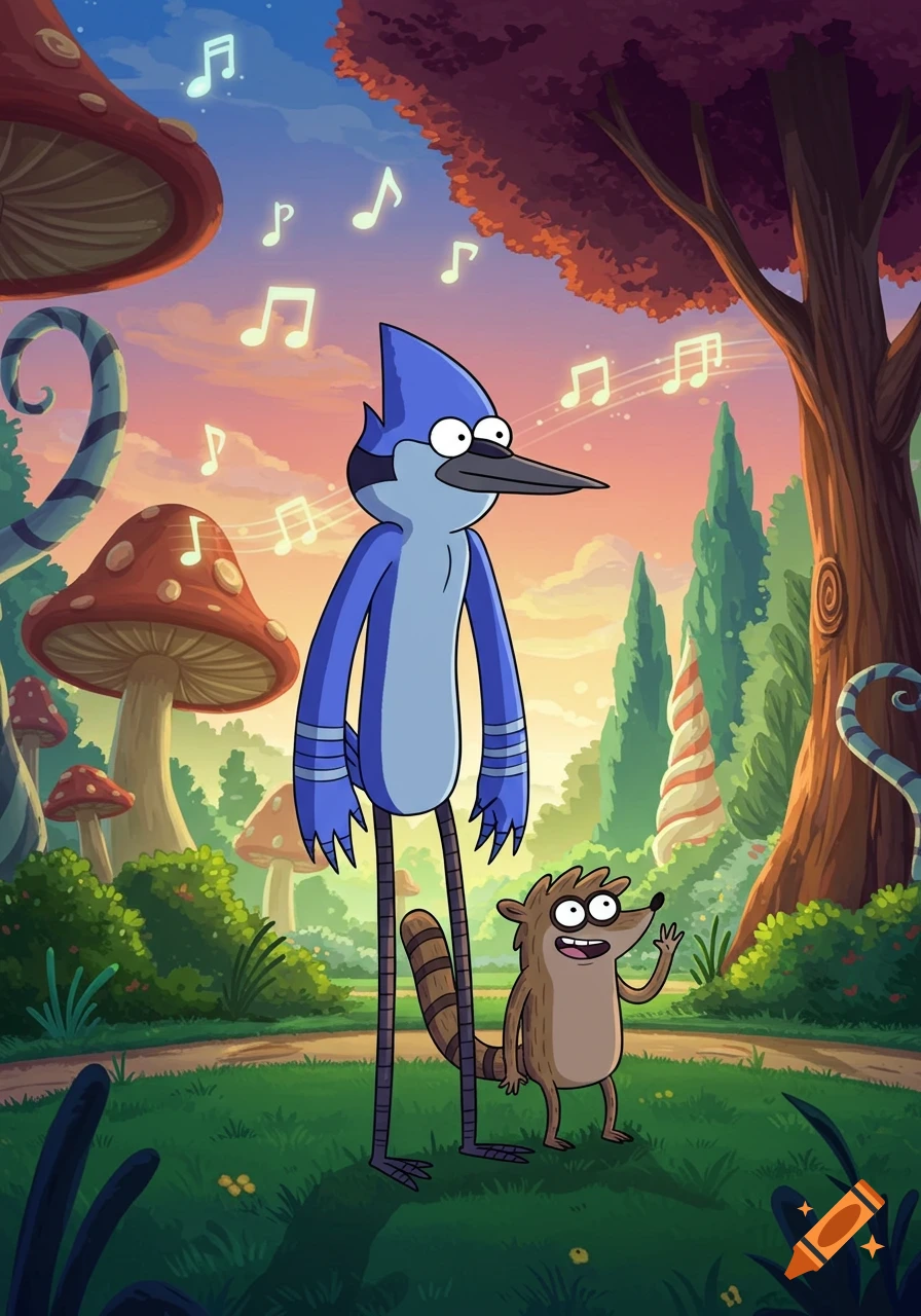Cartoon characters Mordecai (a blue jay) and Rigby (a raccoon) stand in a vibrant park setting ...
