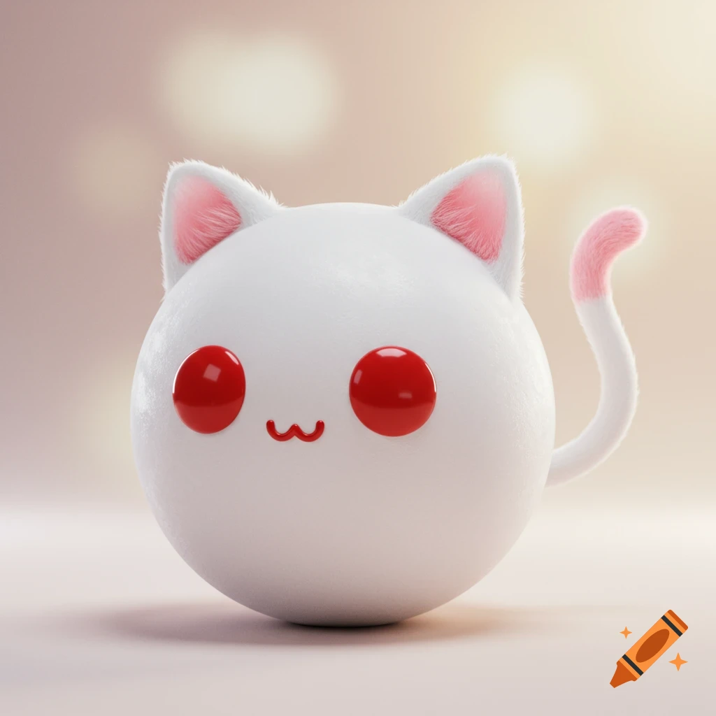 A cute white spherical cat character with large red eyes, a small pink ...