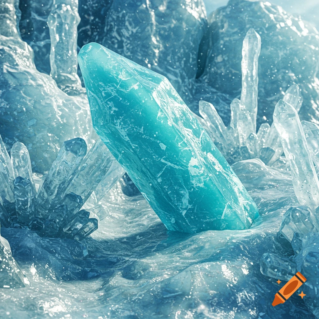 A large cyan ice crystal stands among smaller clear ice crystals on a ...