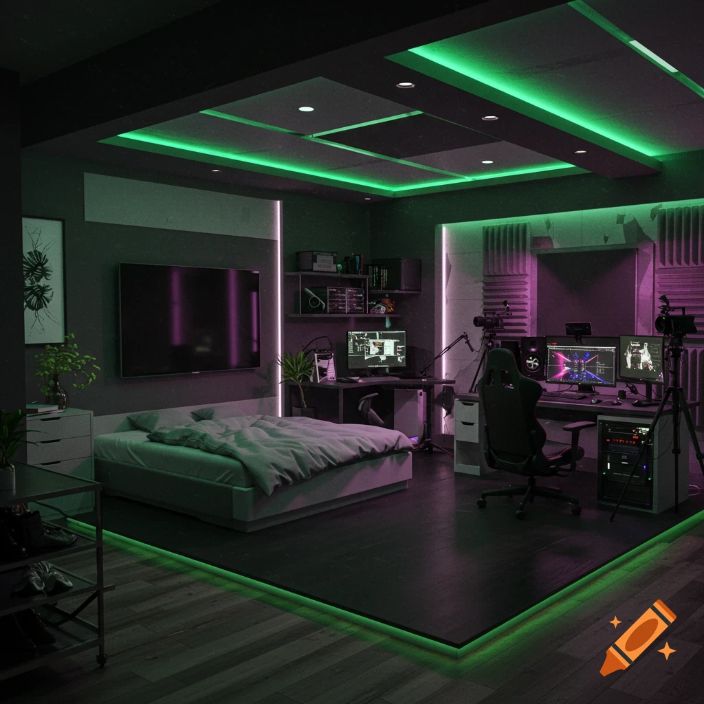 A modern bedroom with a large black and white race car mural over the ...