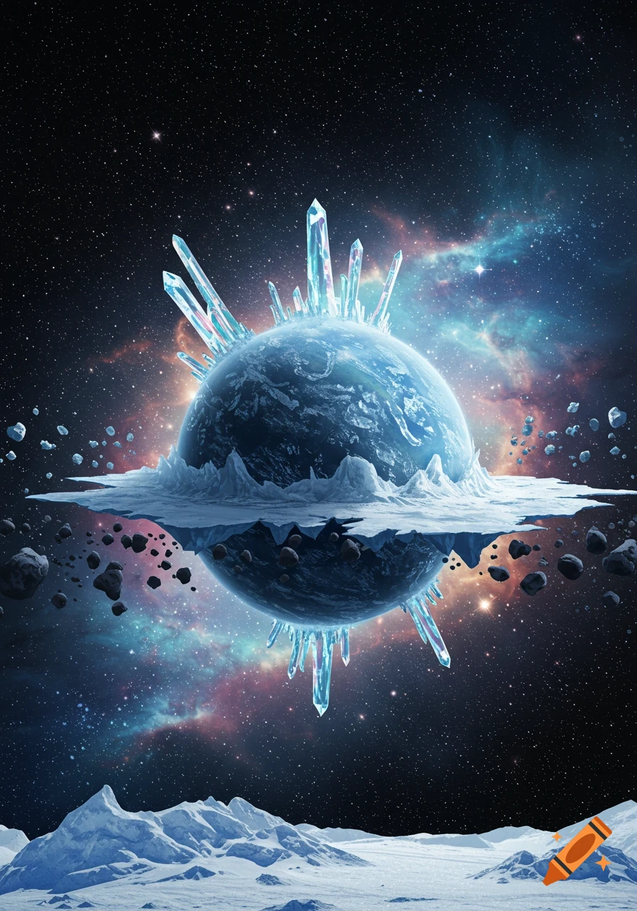 A frozen planet with ice crystals floating in deep space amidst a ...