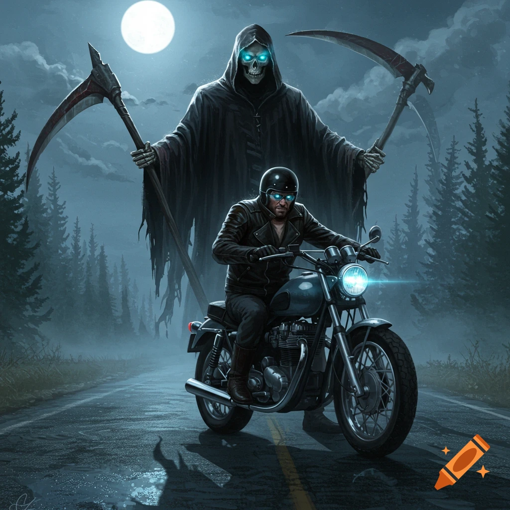 A man on a motorcycle rides a foggy road at night, with a towering Grim ...