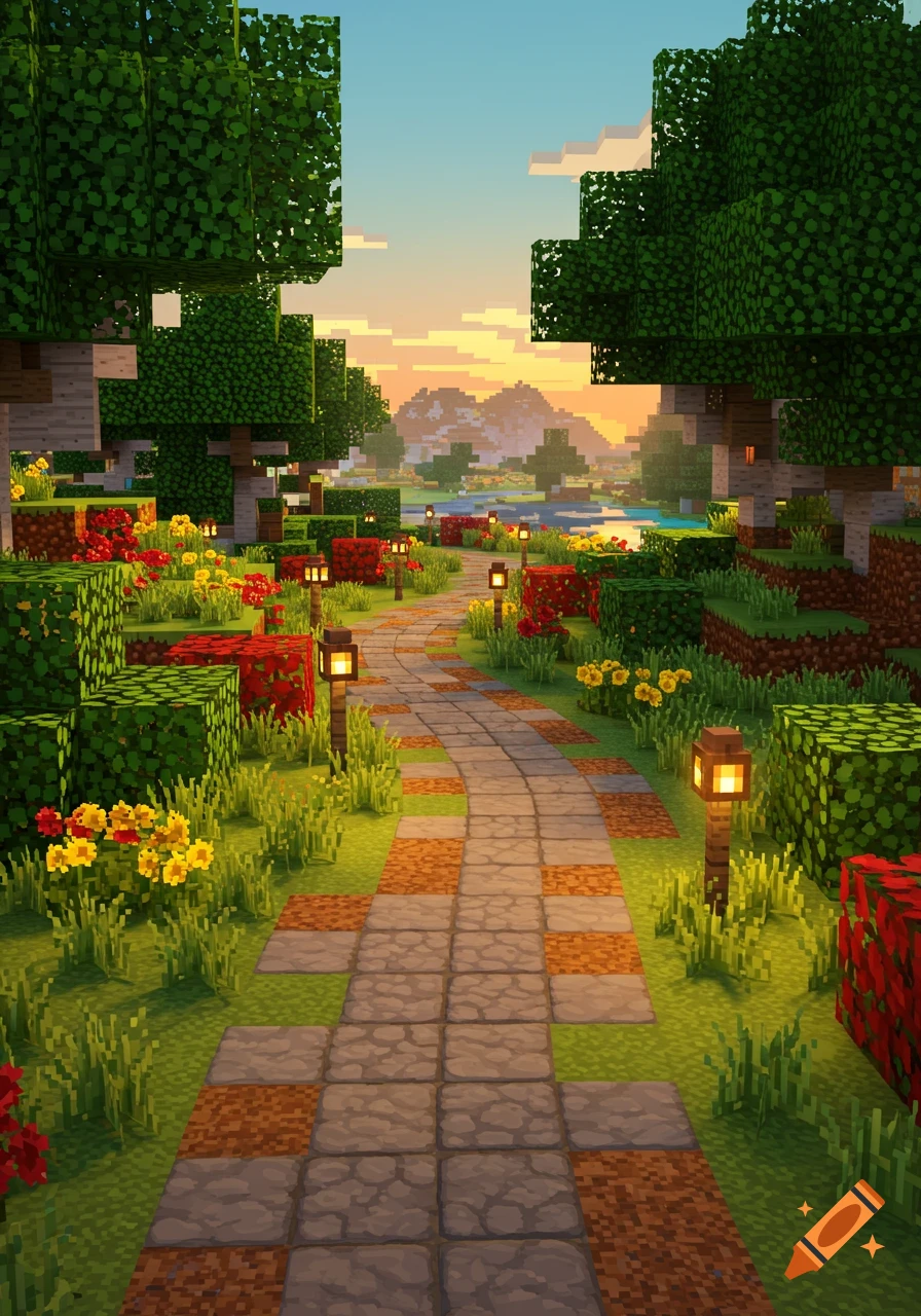 A winding stone path through a vibrant Minecraft-style garden with ...