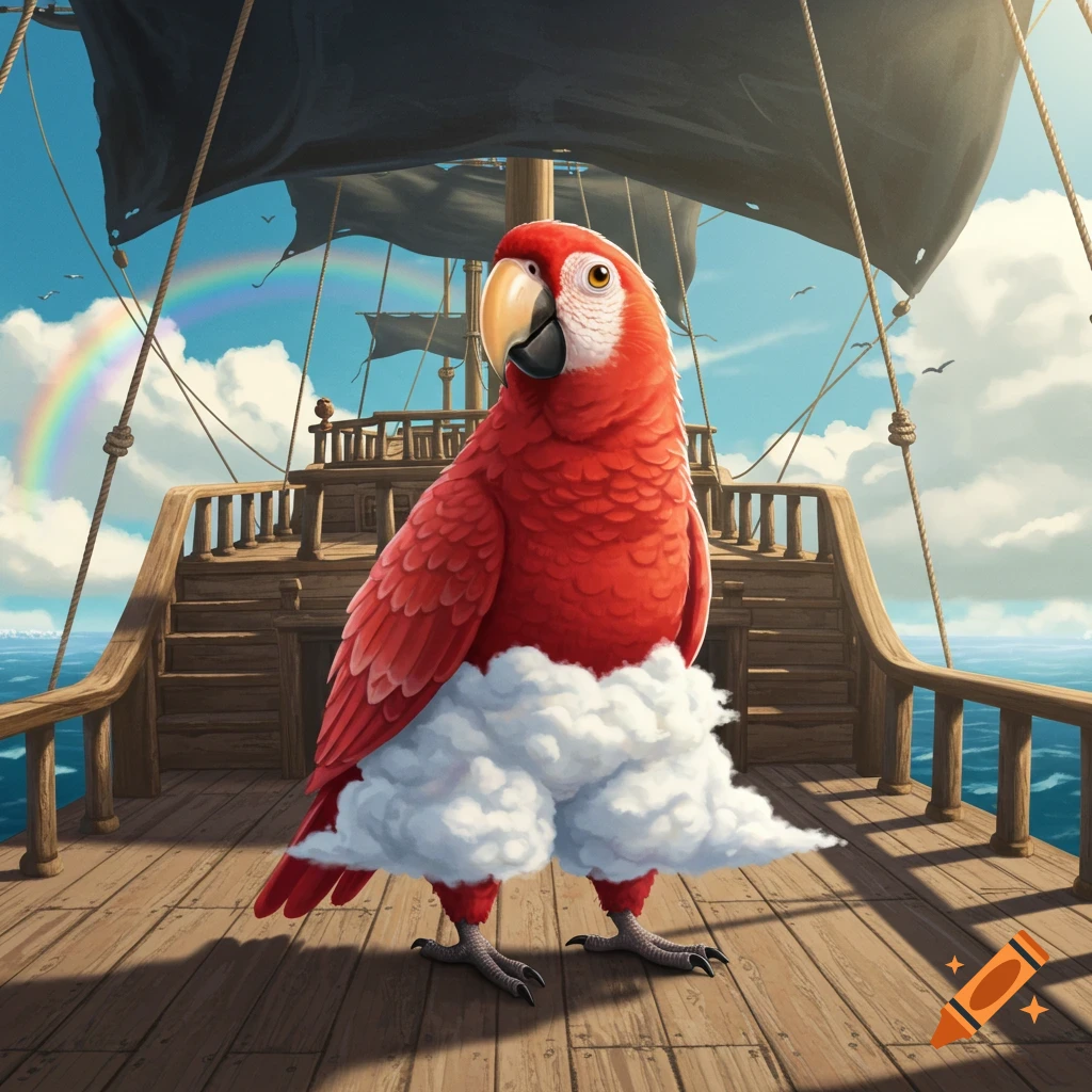 An illustration of a proud red parrot wearing fluffy white cloud shorts ...