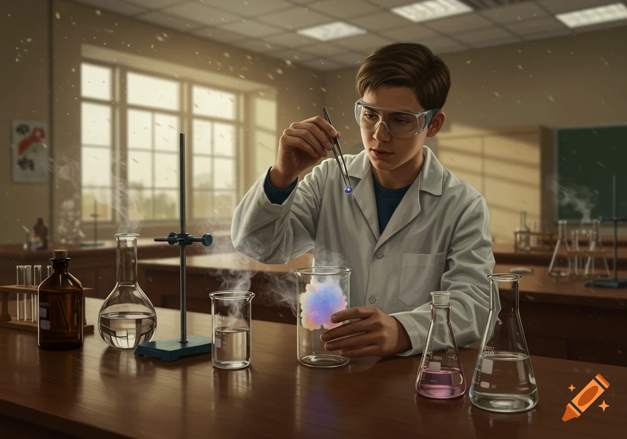 A realistic illustration of a teenage student in a lab coat and safety ...
