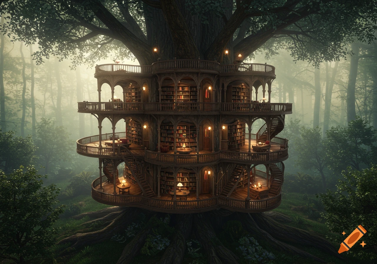 A fantastical treehouse on a lake, featuring underwater glass bubble ...